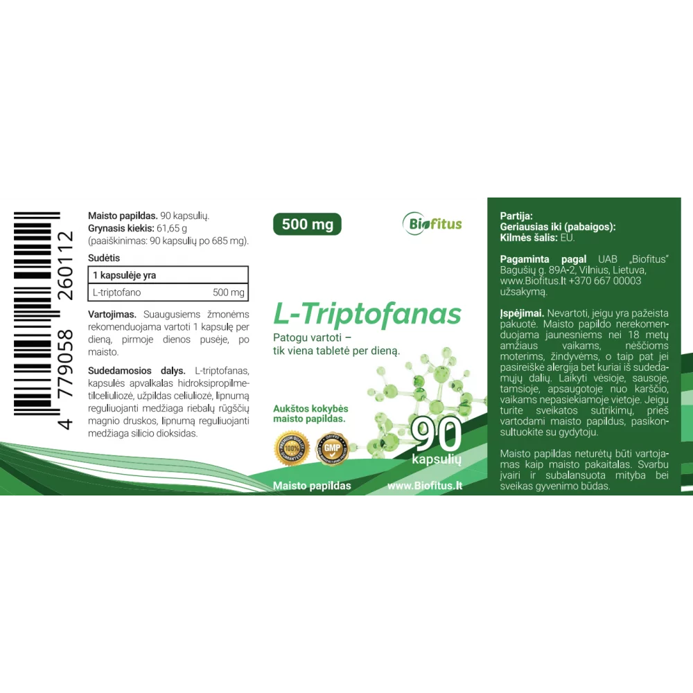 Triptofanas 500 mg Nemokamas siuntimas | Biofitus